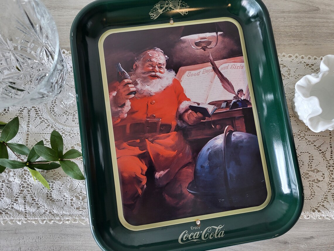 Vintage Enjoy Coca-cola Santa Claus Tray, Dark Green Metal Beverage ...