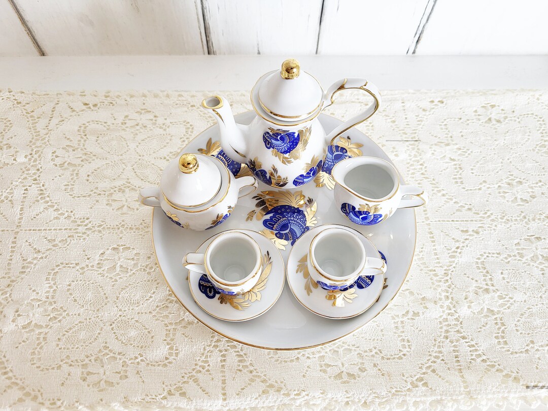 Miniature Royalty Porcelain 'golden Garden' Gold Blue Tea Party Set ...