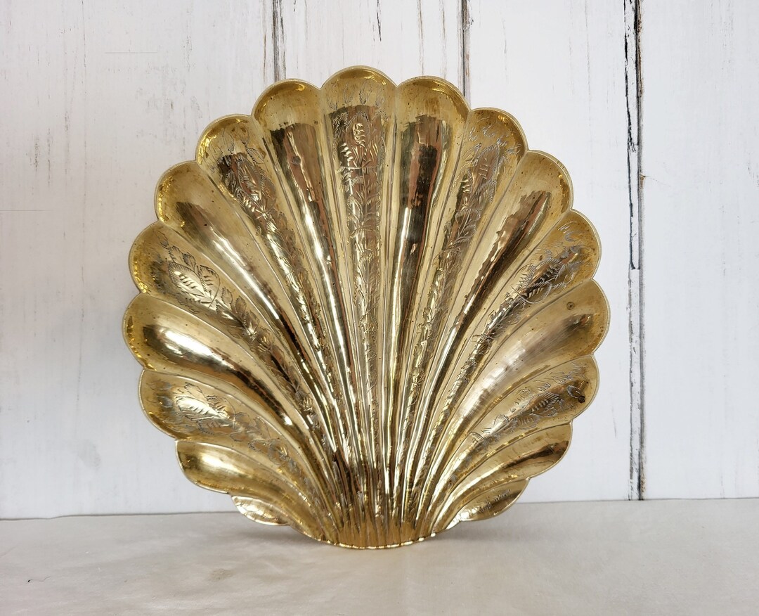 Vintage Solid Brass Footed Shell Trinket Dish, Retro Brass Scalloped ...