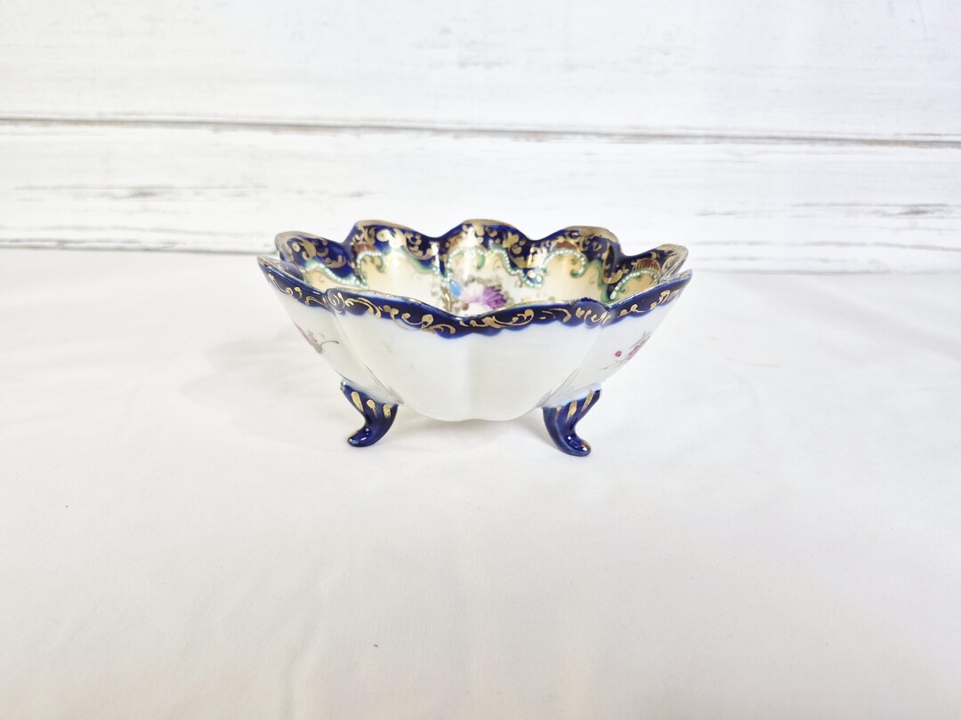 Antique Rococo Style Porcelain Dish, Cobalt Blue Floral Footed Bowl ...