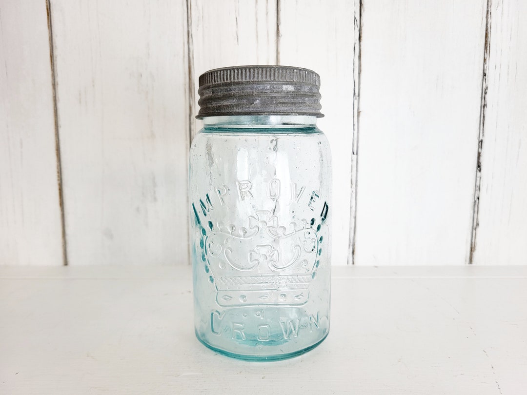 Antique Aqua Teal Crown Improved Mason Jar With Original Glass Sealer ...