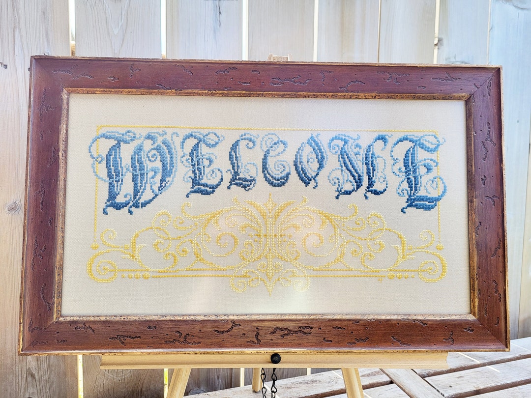 Vintage Cross Stitch Welcome Sign Framed Art, Farmhouse Cross-stitch ...