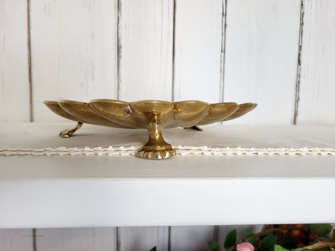 Vintage Solid Brass Footed Shell Trinket Dish, Retro Brass Scalloped ...