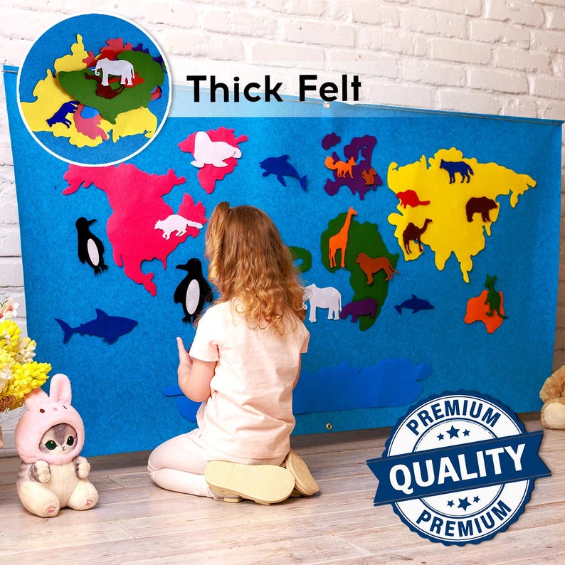 World Map Felt Wall, Felt Board, Montessori Learning, Party Decoration ...