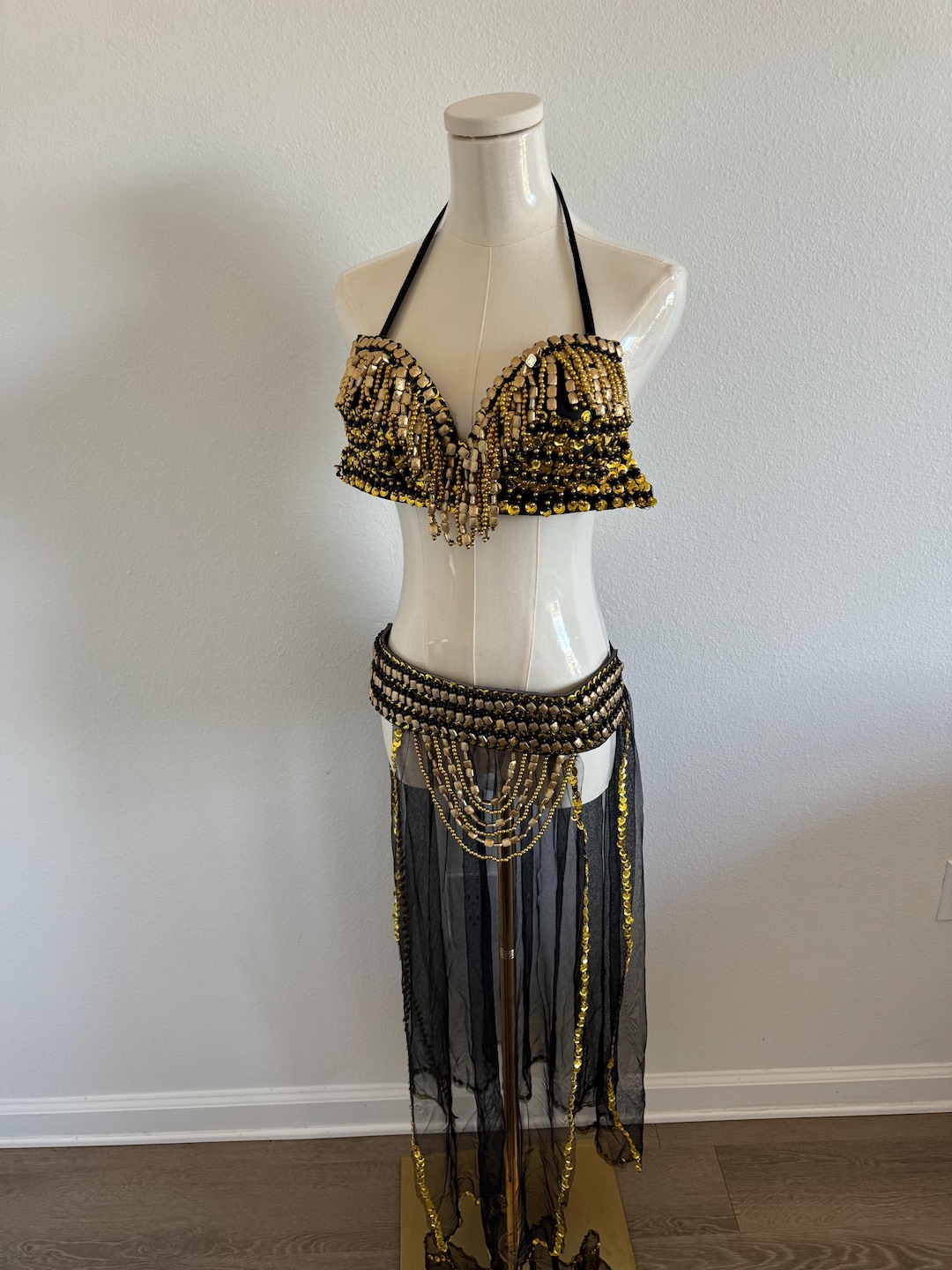 Black Gold Belly Dance Set Beaded Bra & Sheer Skirt Costume - Etsy