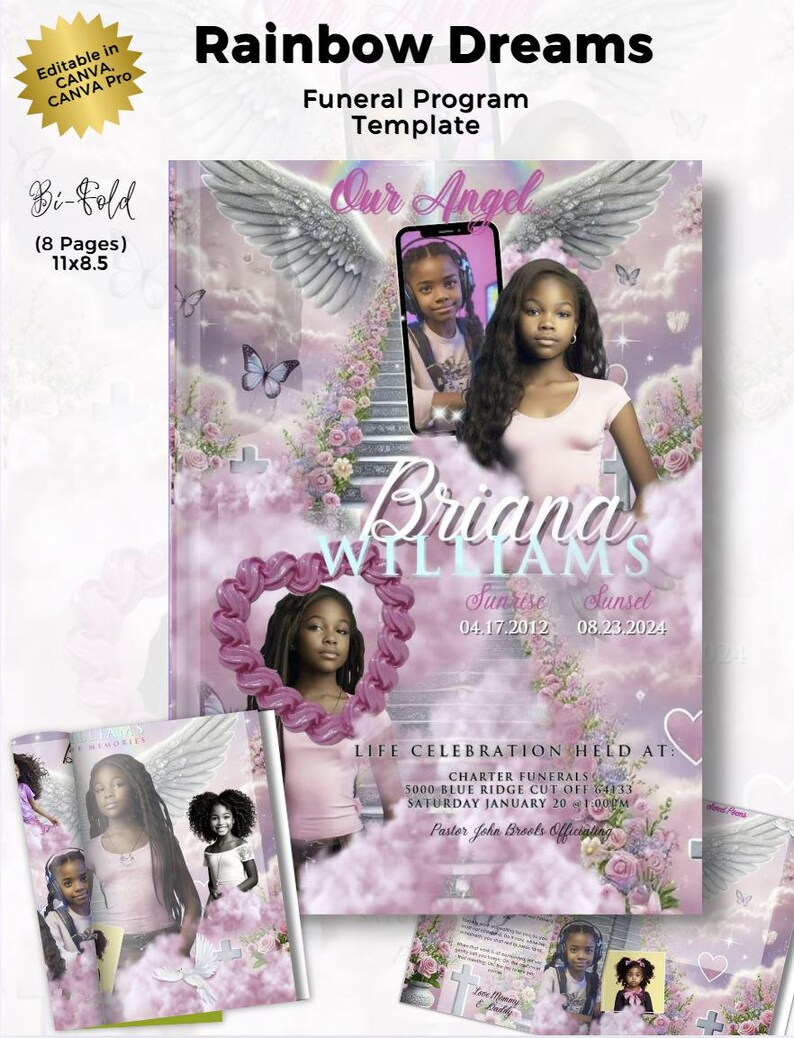 Rainbow Dreams Funeral Program Template: Bi-fold Obituary (editable ...