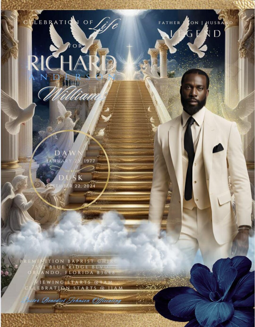 Memorial Design Template, Navy Gold Editable Digital for Canva - Etsy