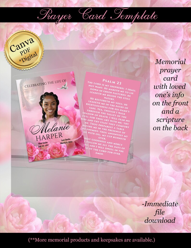Editable Memorial Prayer Card Template: Heavenly Petals Design (canva ...