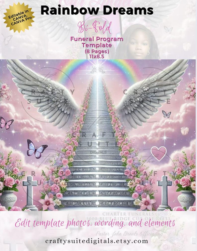 Rainbow Dreams Funeral Program Template: Bi-fold Obituary (editable ...