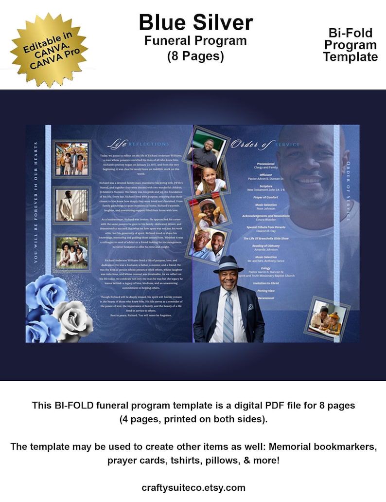 8 Page Funeral Program Template: Blue Silver Bi-fold Obituary (digital ...