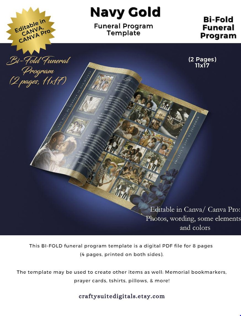 Navy & Gold Funeral Program Template: Bi-fold Obituary (digital ...