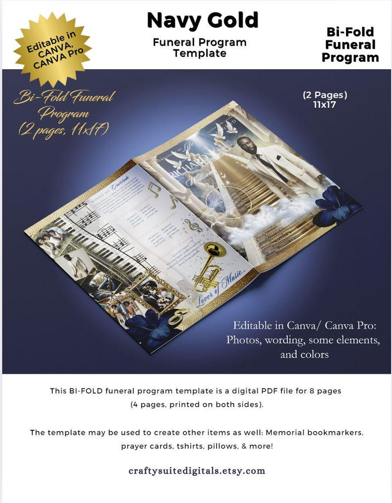 Navy & Gold Funeral Program Template: Bi-fold Obituary (digital ...