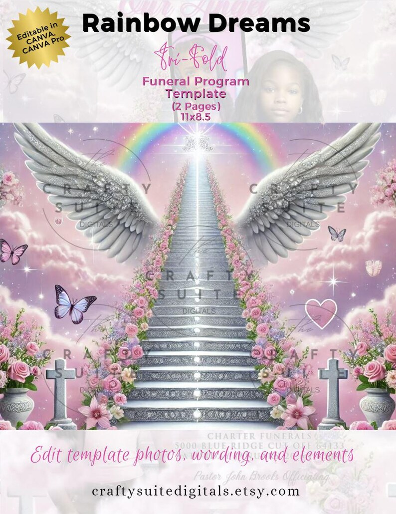 Rainbow Dreams Funeral Program Template: Tri-fold Obituary (editable ...