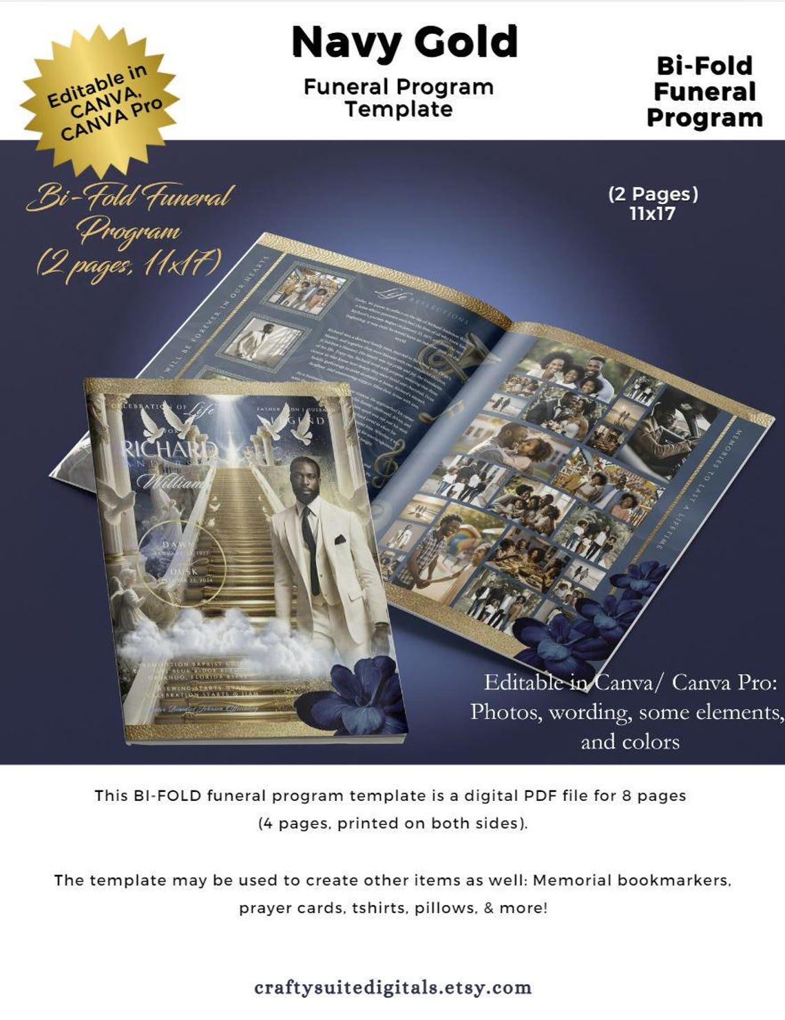 Navy & Gold Funeral Program Template: Bi-fold Obituary (digital ...