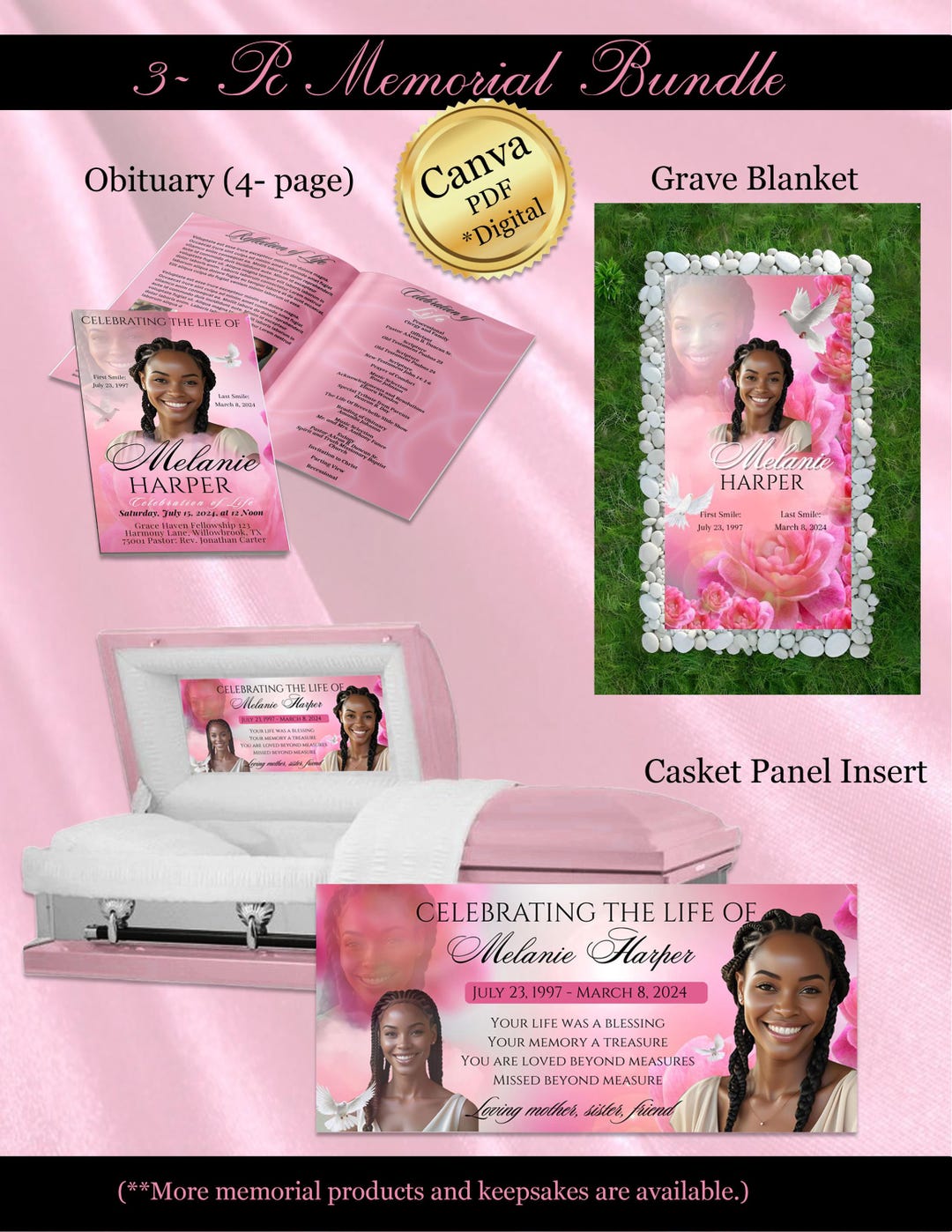 Funeral Keepsake Template Bundle: Obituary, Grave Blanket, Casket Panel ...