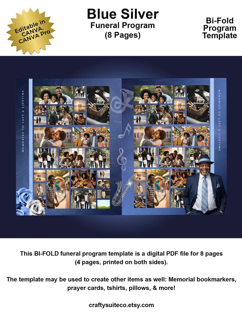 8 Page Funeral Program Template: Blue Silver Bi-fold Obituary (digital ...