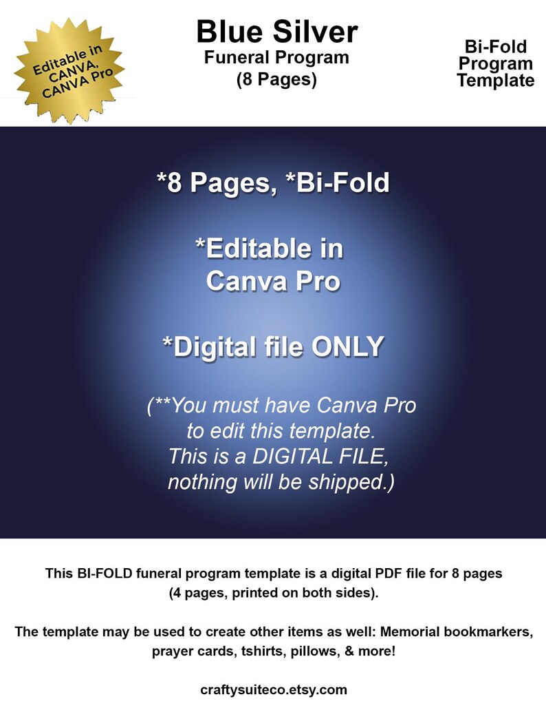 8 Page Funeral Program Template: Blue Silver Bi-fold Obituary (digital ...
