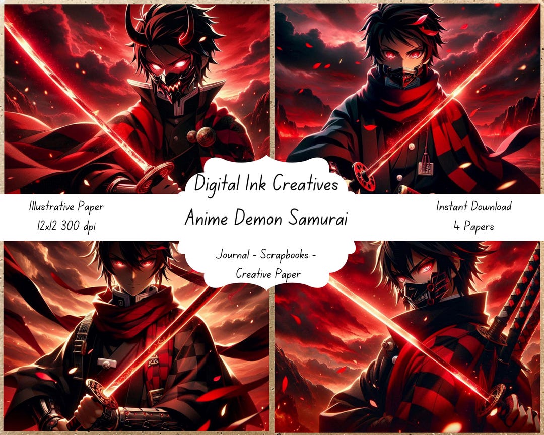 Anime Demon Samurai Digital Paper Pack Dark Red Samurai Art 12x12 ...