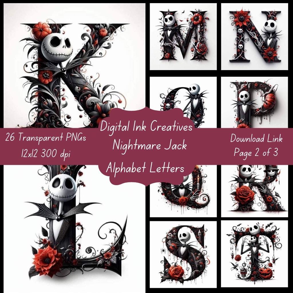 Nightmare Jack Alphabet Clipart Bundle for Scrapbooking Transparent ...