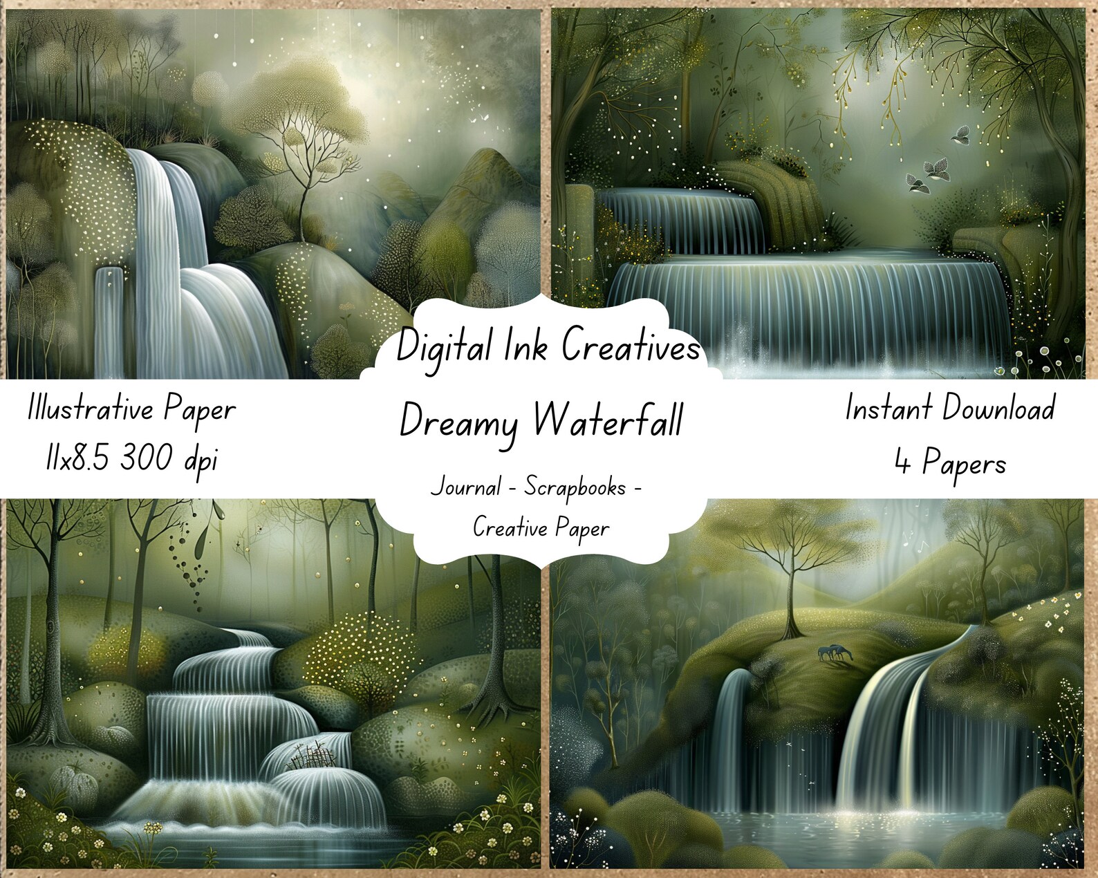 Dreamy Waterfalls Illustrations Paper 11x8.5 Junk Journals Scrapbooking ...
