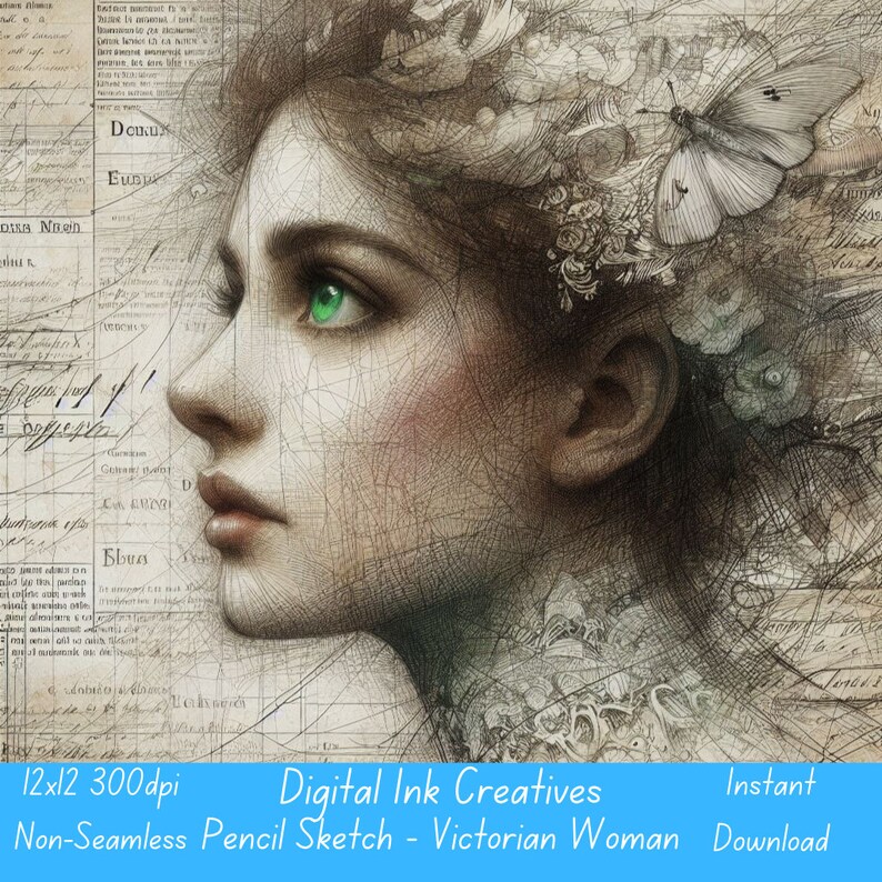 Pencil Sketch Paper 12x12 300 Dpi Non-seamless Victorian Woman Paper ...