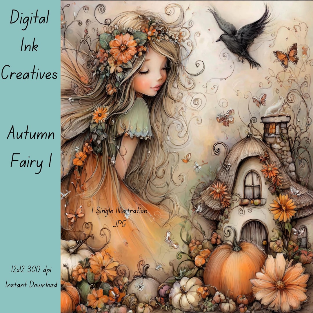 Autumn Fairy 1 Illustration Fall Fantasy Art Pumpkin Cottage Wall Decor ...