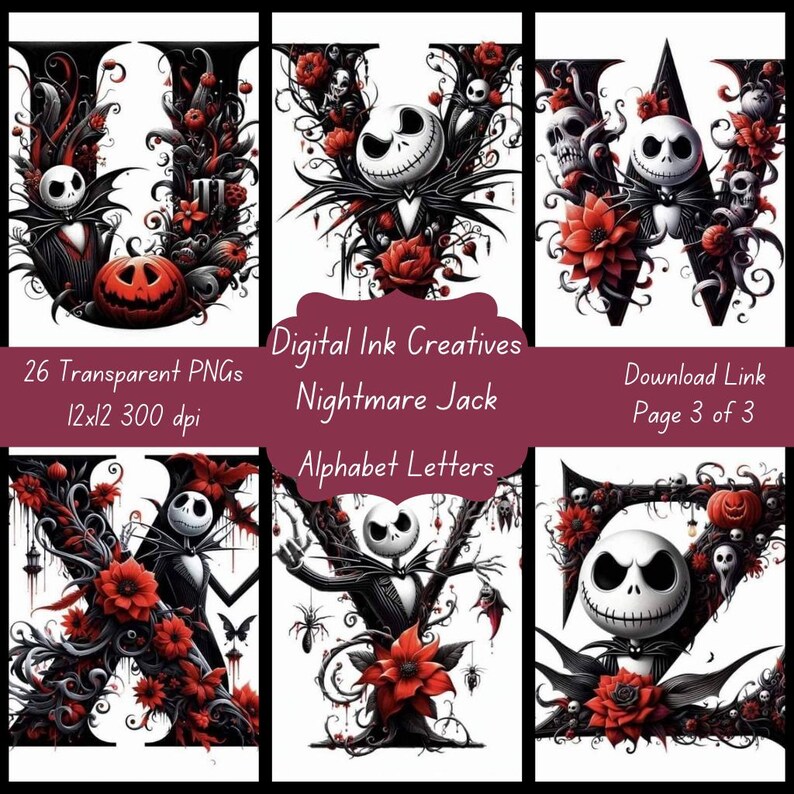 Nightmare Jack Alphabet Clipart Bundle for Scrapbooking Transparent ...