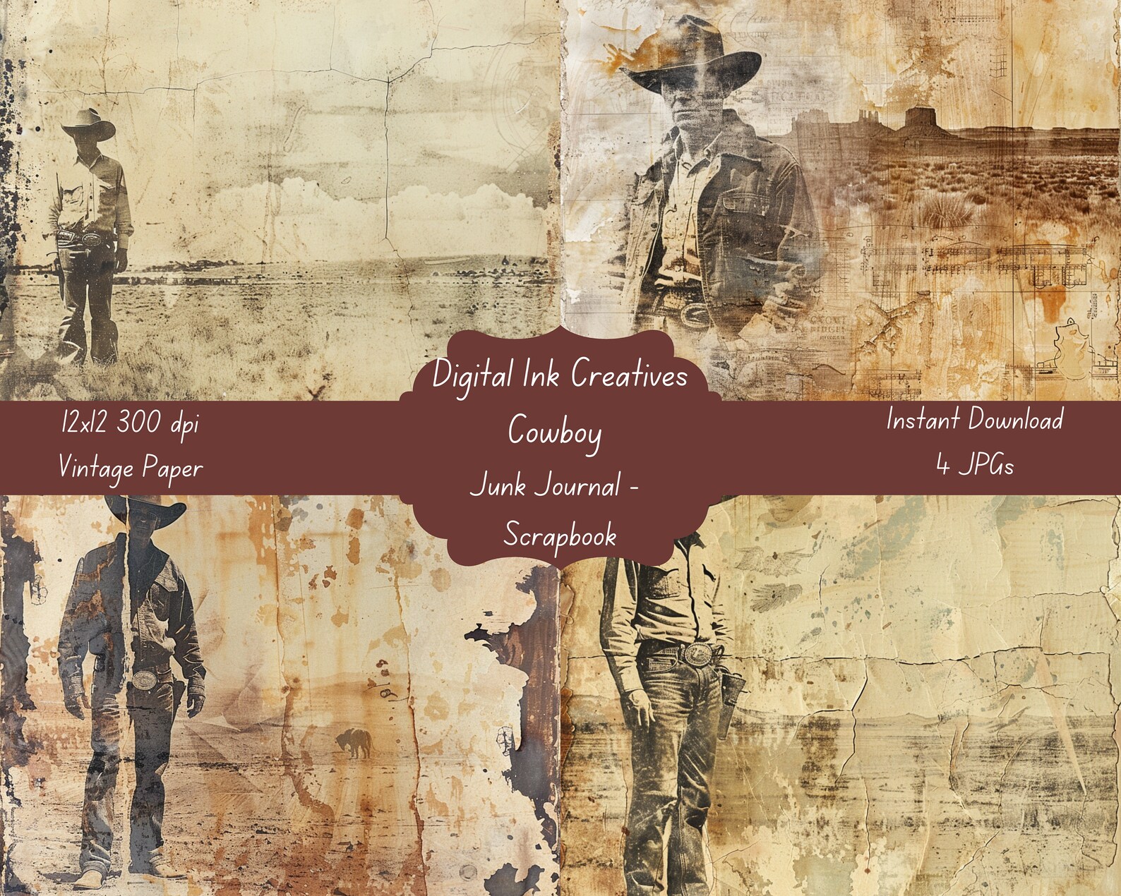 Mixed Media Vintage Western Cowboy Junk Journal Scrapbook Background ...