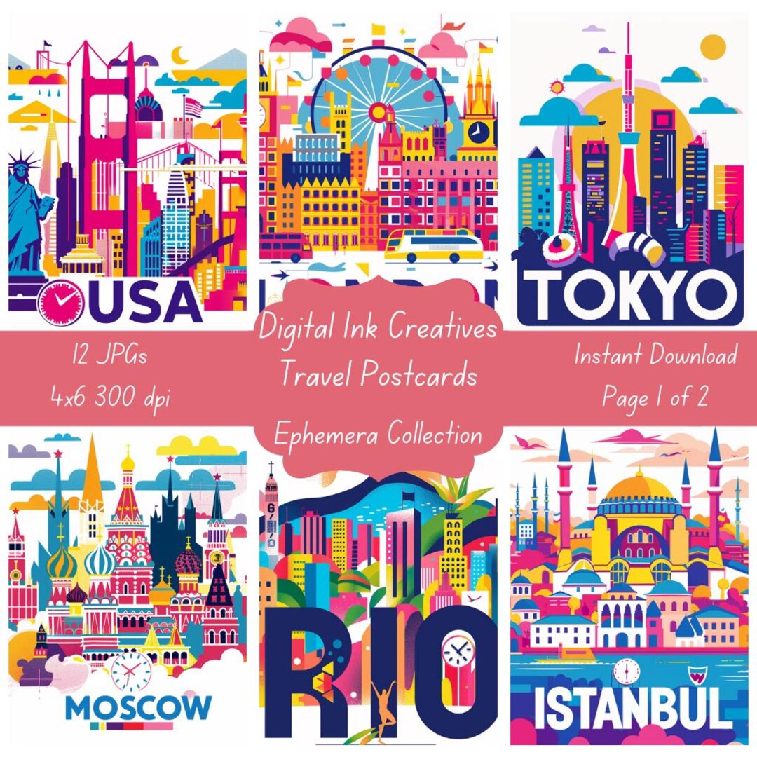 World Travel Postcards Image Ephemera Bundle for Scrapbooking Junk ...