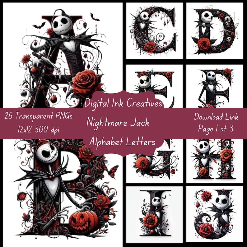 Nightmare Jack Alphabet Clipart Bundle for Scrapbooking Transparent ...