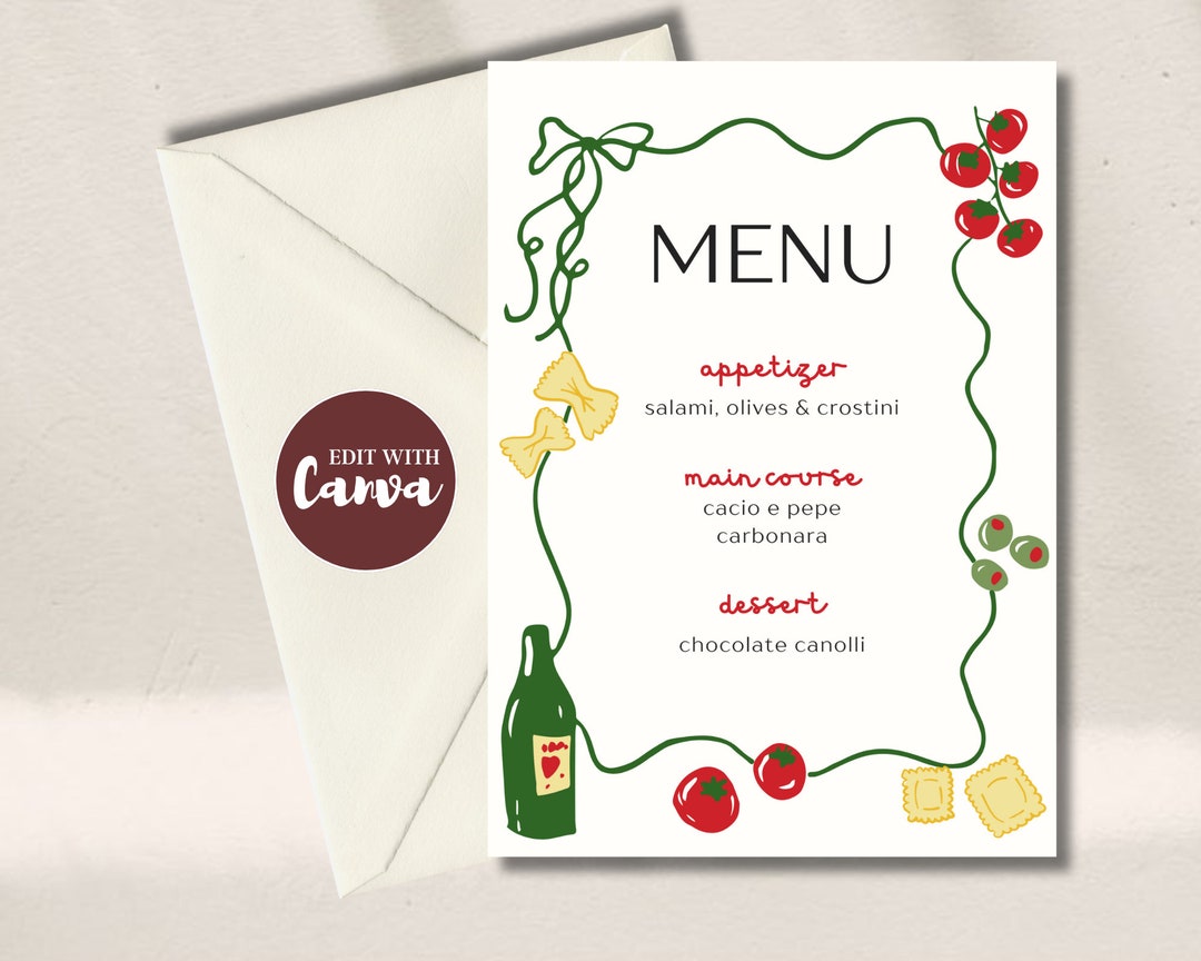 Italian Dinner Menu Template | Hand Drawn, Editable (canva Digital) - Etsy