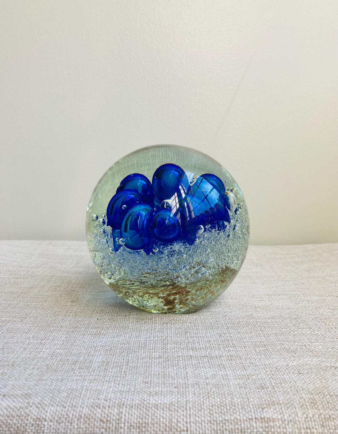 Large Heavy Art Glass Round Paperweight With Blue and Gold Tone Glitter ...