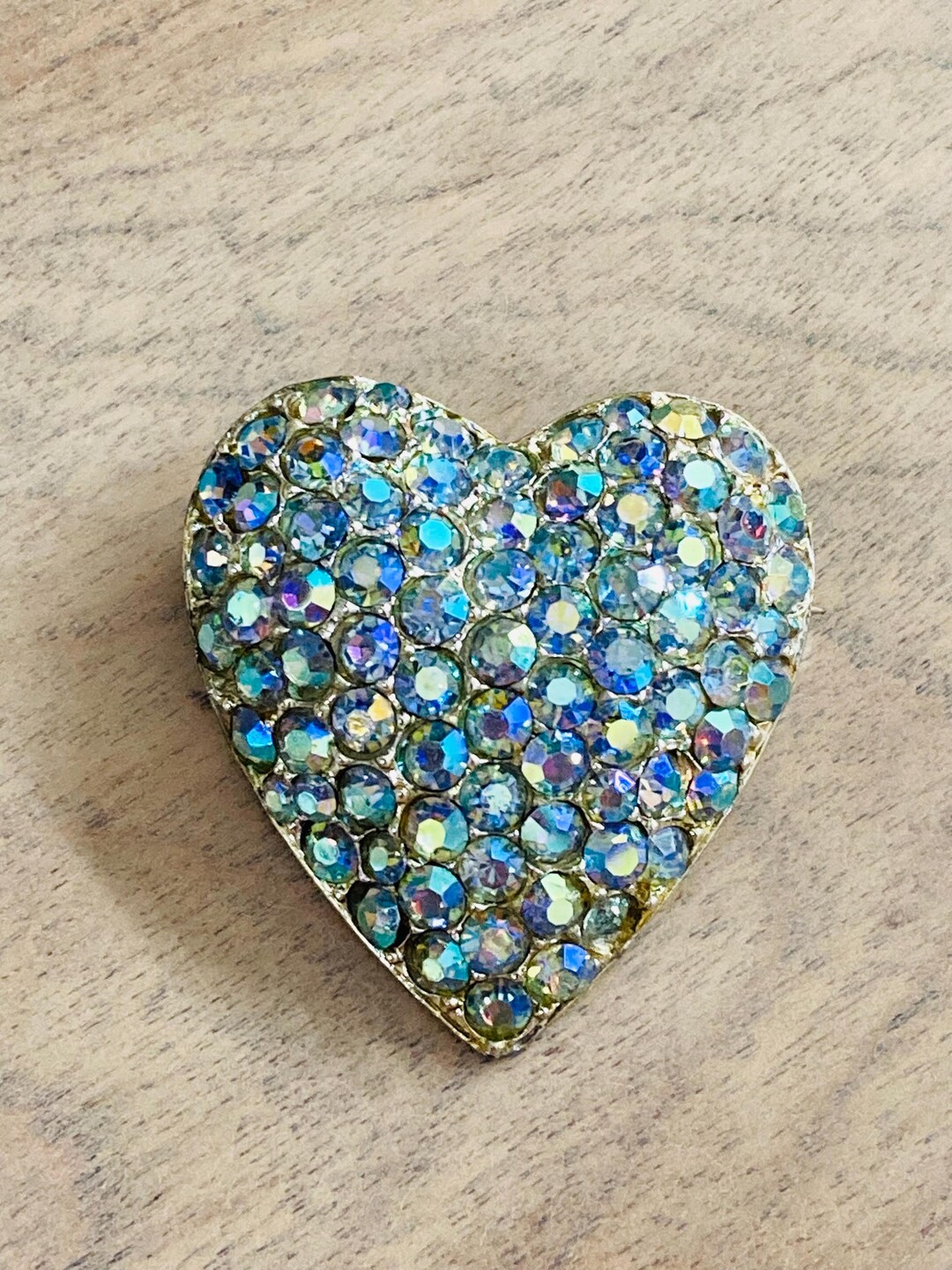 Vintage Signed BSK Aurora Borealis Rhinestone Silver Tone Heart Shaped ...