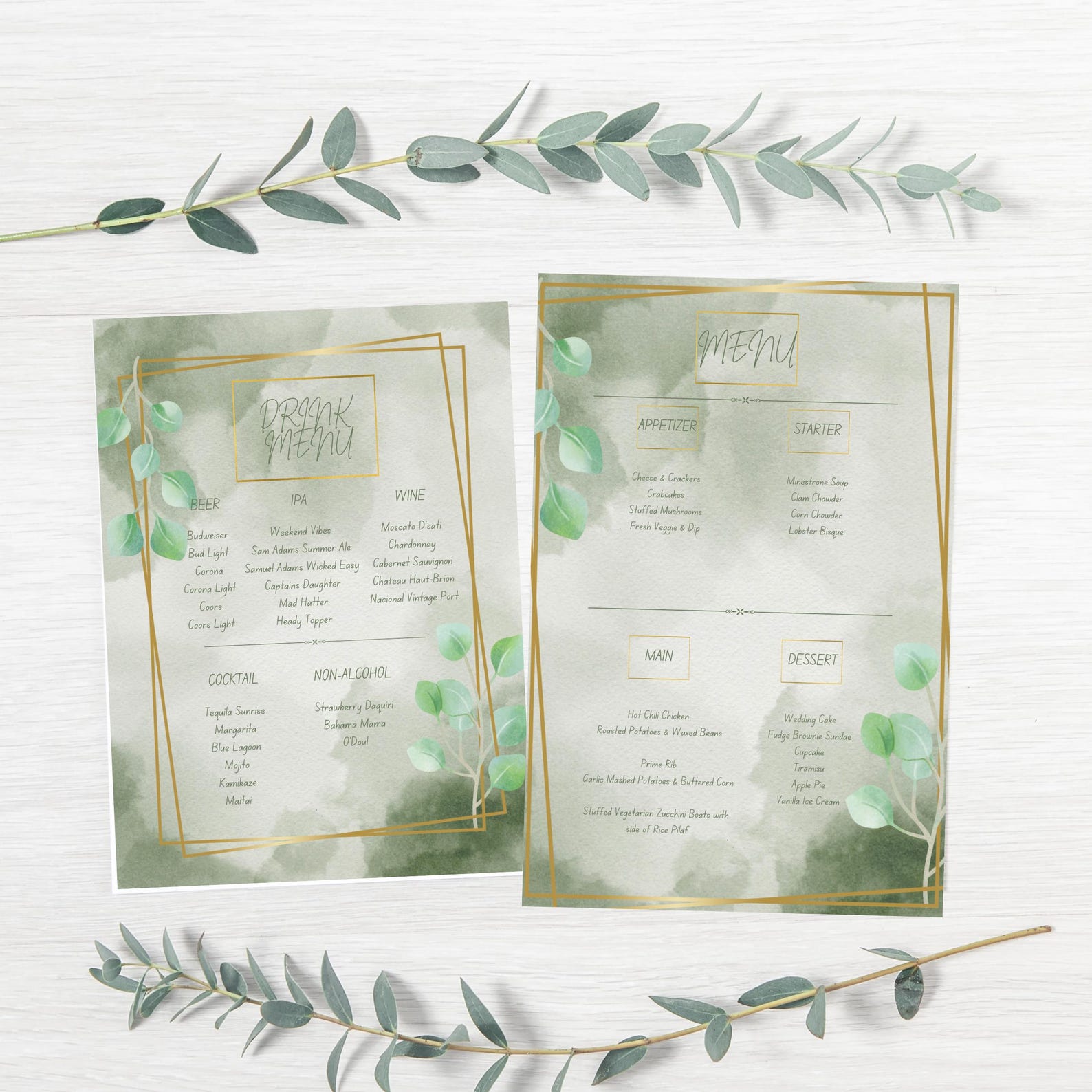 Chic Green Watercolor Wedding Menus - Editable 2-piece Template With ...