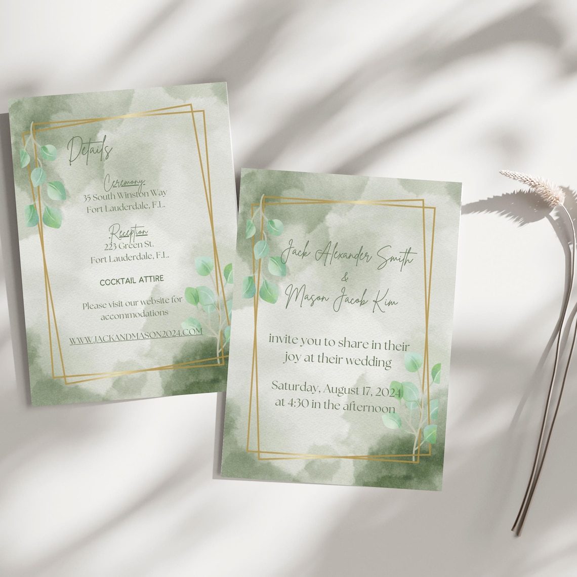 Chic Green Watercolor Wedding Menus - Editable 2-piece Template With ...