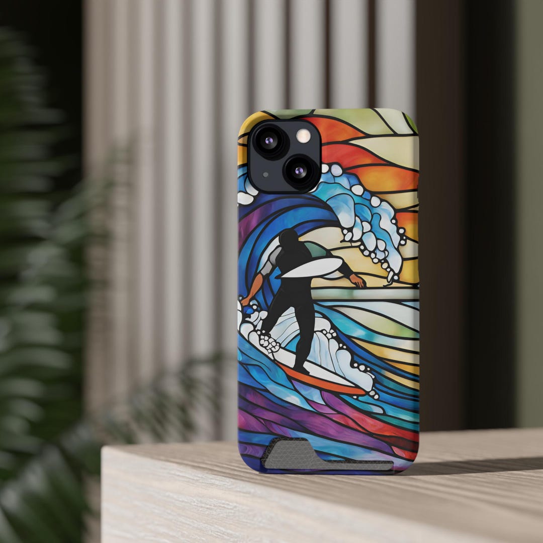Custom Stained Glass Surfer Window Art Phone Case With Card Holder ...