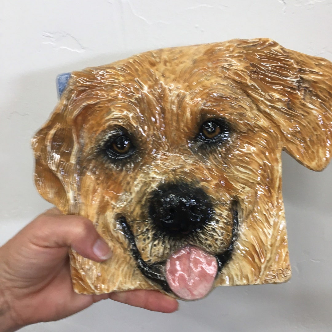 Golden Retriever Ceramic Portrait Sculpture 3D Dog Art Tile by Sondra ...