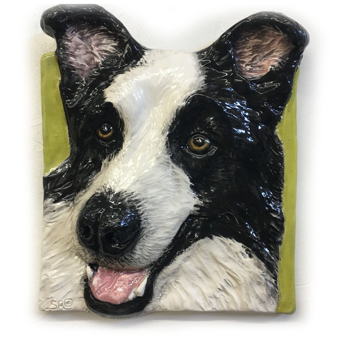 Border Collie Puppy Dog CERAMIC Pet Portrait Sculptured Animal Art Tile ...