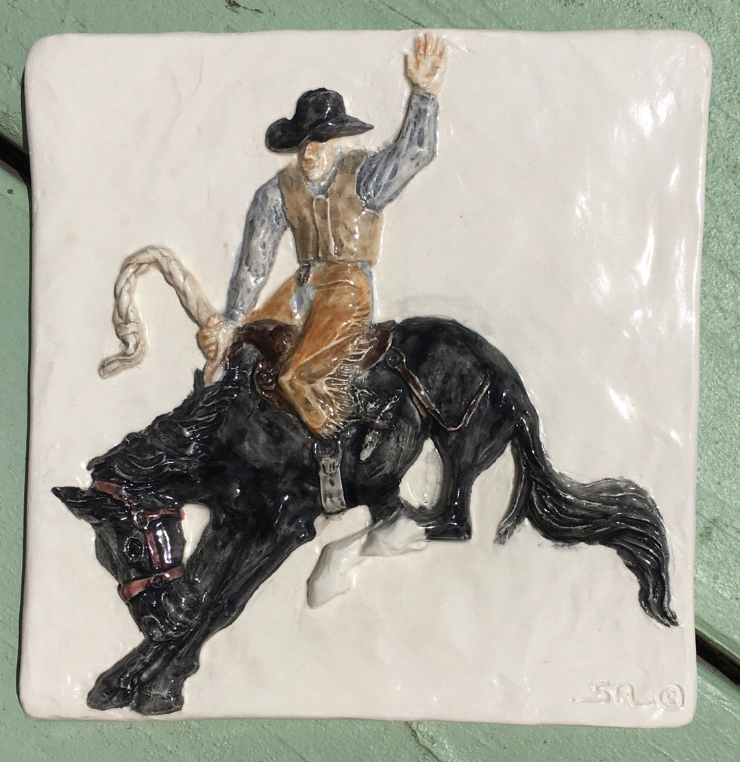 Saddle Bronc Rider Rodeo Cowboy Western Ceramic 3-d Tile by Sondra ...