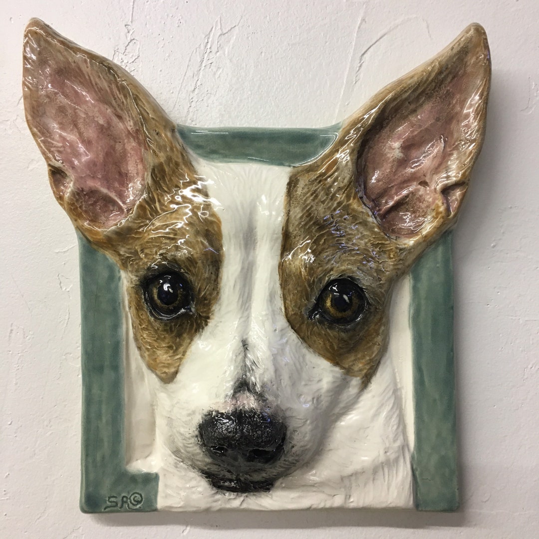 Rat Terrier Puppy Dog Ceramic Pet Portrait Sculpture 3D Animal Art Tile ...