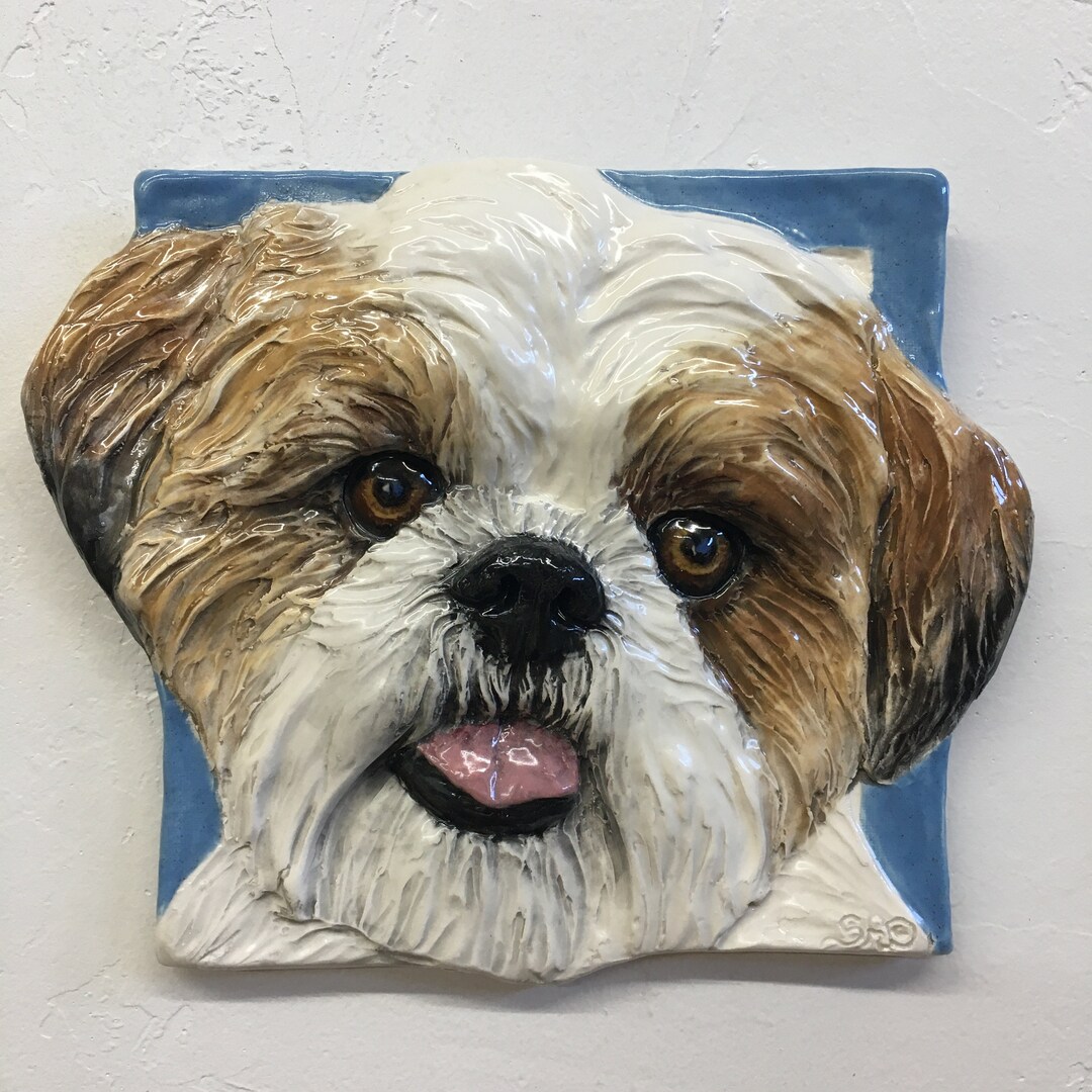 Shih Tzu Puppy Dog Tile CERAMIC Pet Portrait Sculpture 3d Animal Art ...