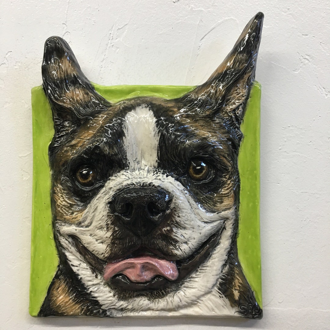 BOSTON TERRIER Brindle Puppy Dog Ceramic Pet Portrait Sculpture 3D ...