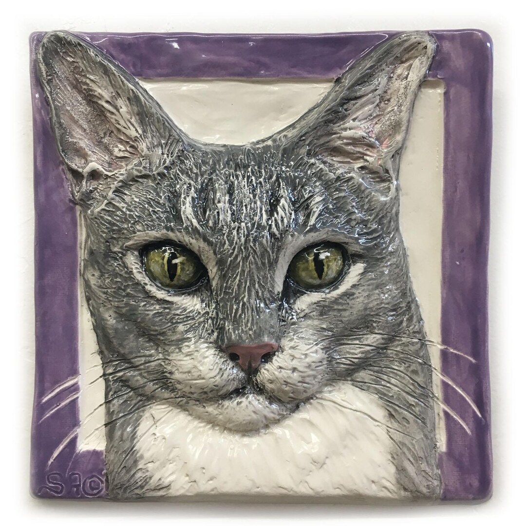 Shorthair Tabby Cat Tile CERAMIC Pet Portrait Sculpture 3d Animal Art ...