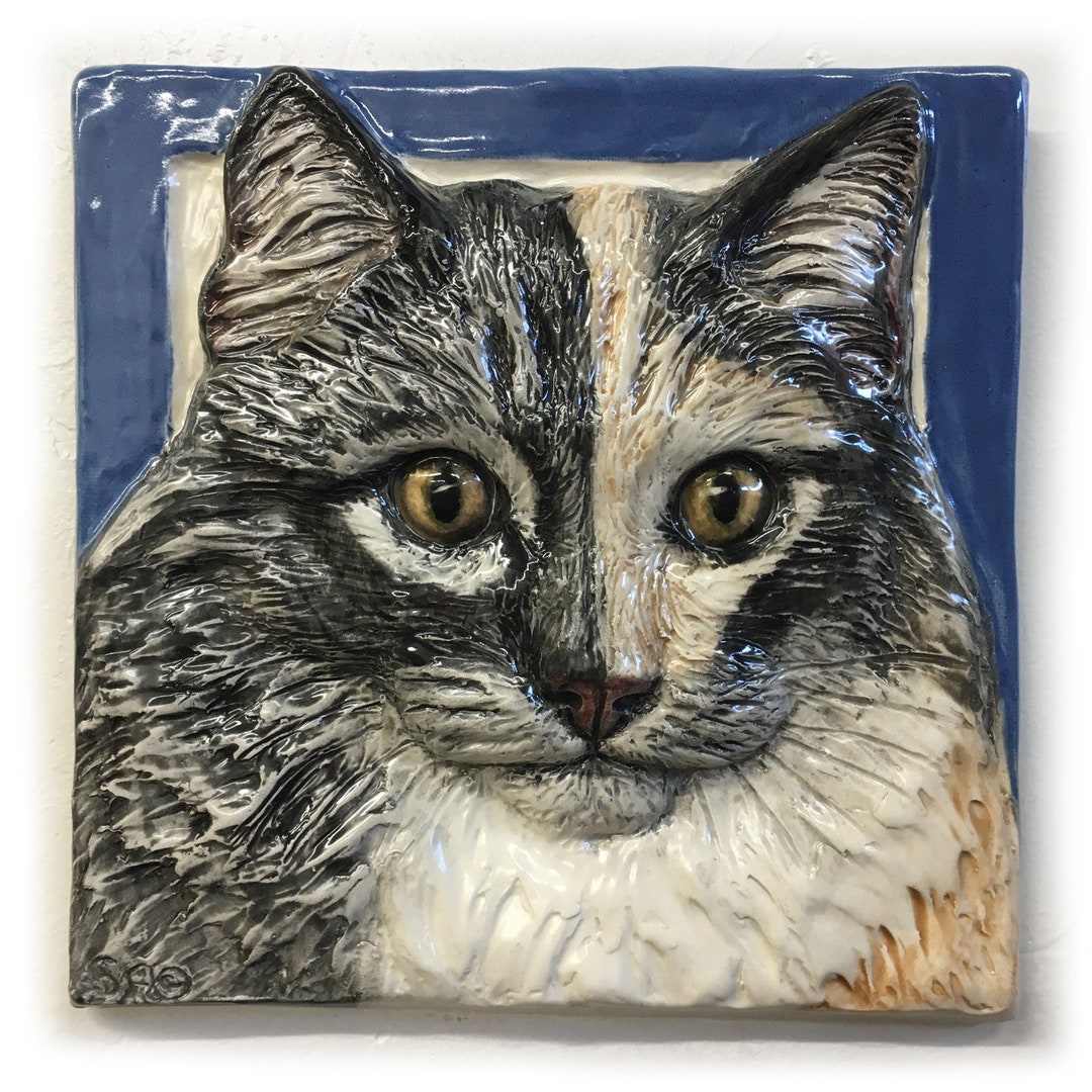 Longhair Kitty Cat Tile CERAMIC Pet Portrait Sculpture 3d Animal Art ...