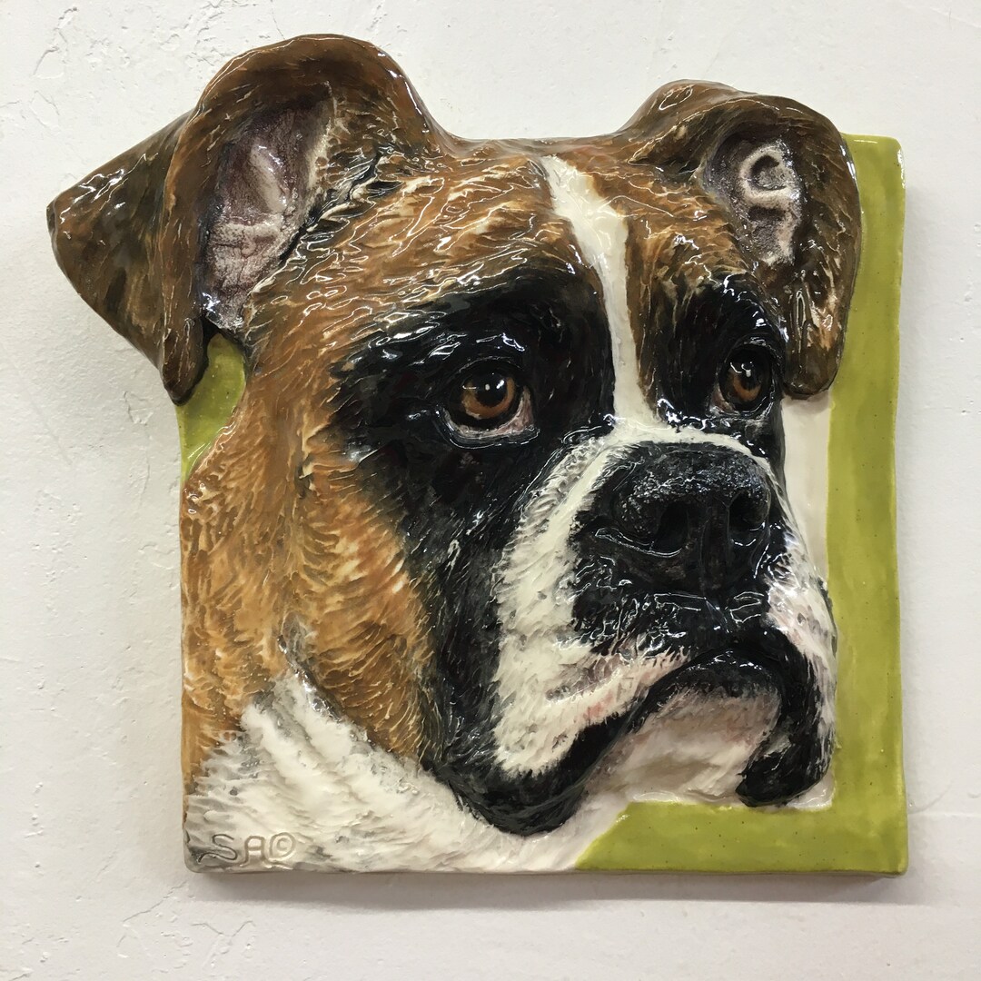 Boxer Puppy Dog CERAMIC Pet Portrait Sculpture 3D Animal Art Tile ...