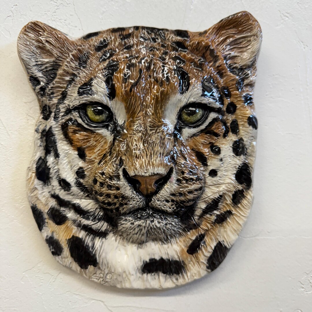 Spotted Leopard Cat Sculptured Pet Portrait Ceramic 3-d Animal Art Tile ...