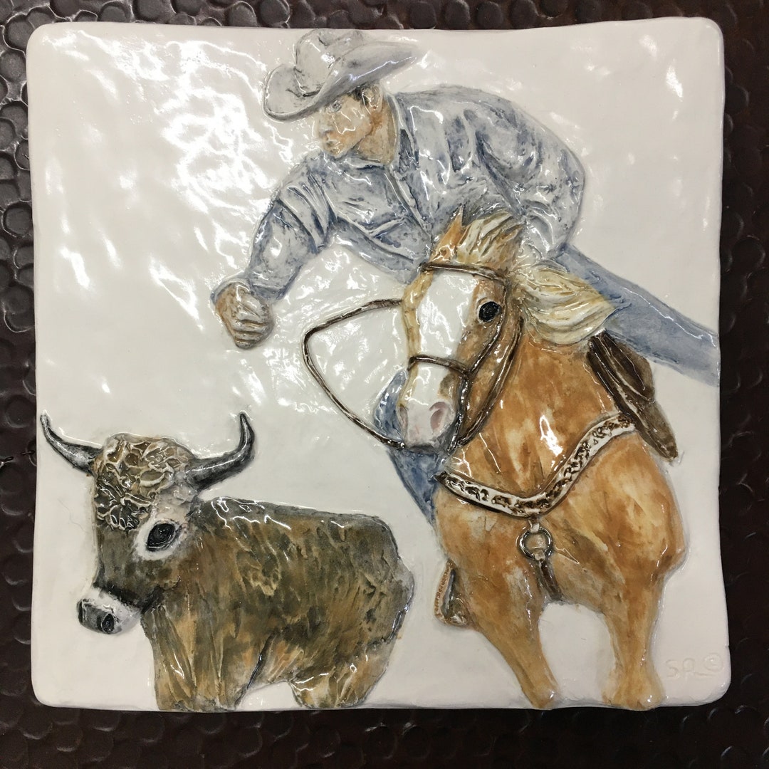 Steer Wrestler Rodeo Western 3-D-Keramikfliese von Sondra Alexander Art ...
