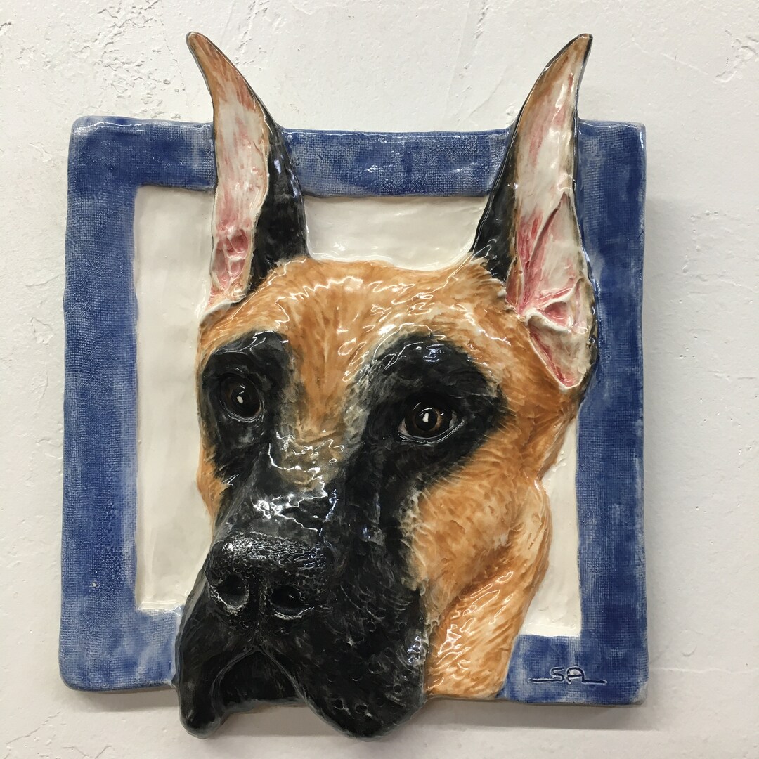 Great Dane Puppy Dog CERAMIC Pet Portrait Sculpture 3d Animal Art Tile ...