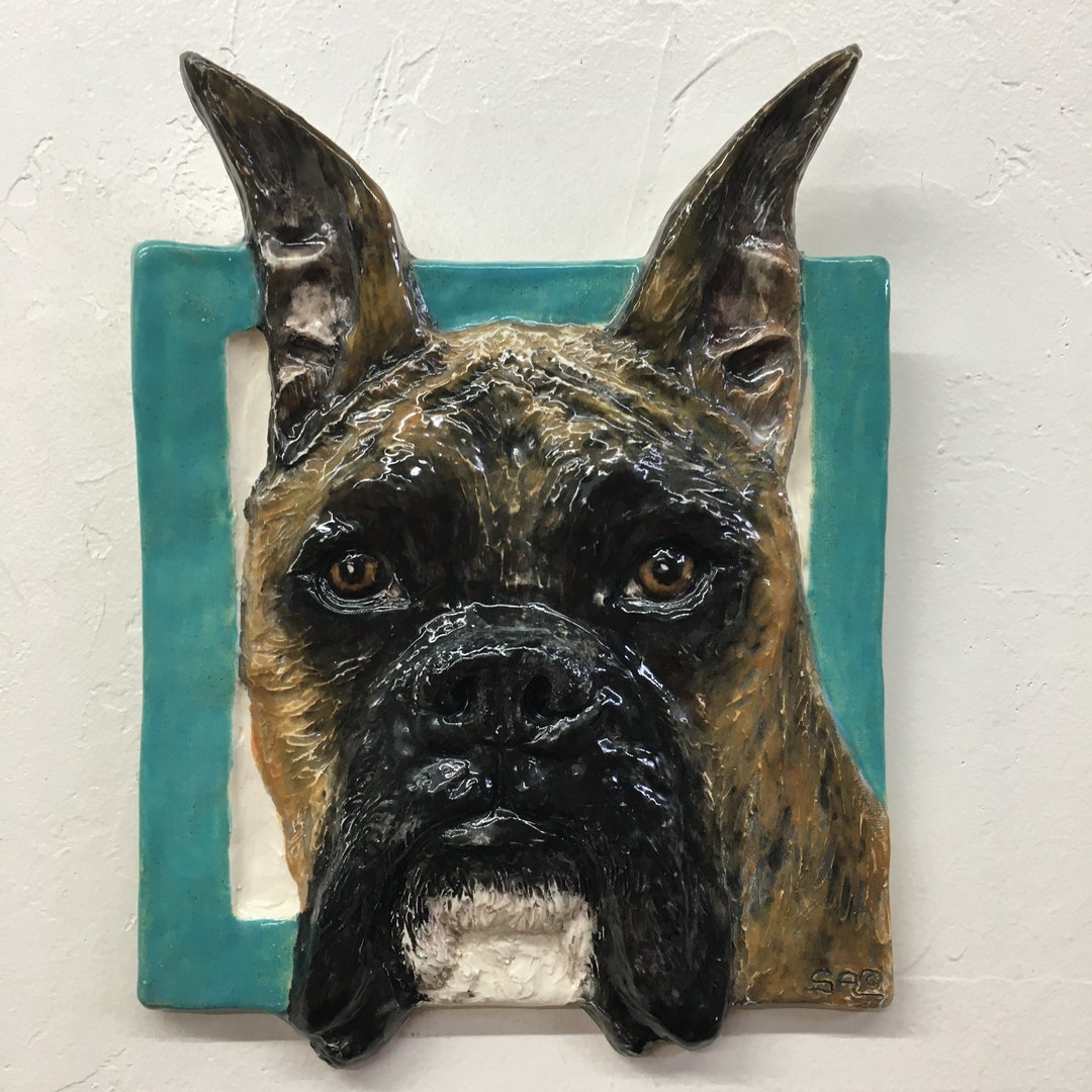 Brindle Boxer Puppy Dog Tile CERAMIC Pet Portrait Sculpture 3d Animal ...