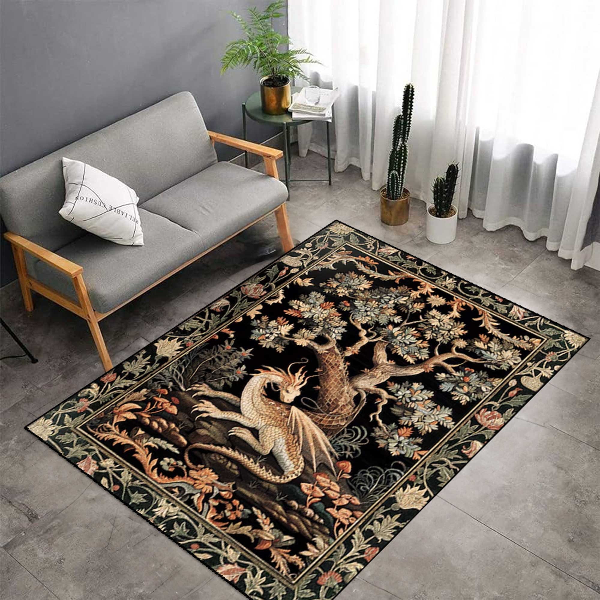 Medieval-style Rug Featuring A Magical Dragon and Floral Motifs ...